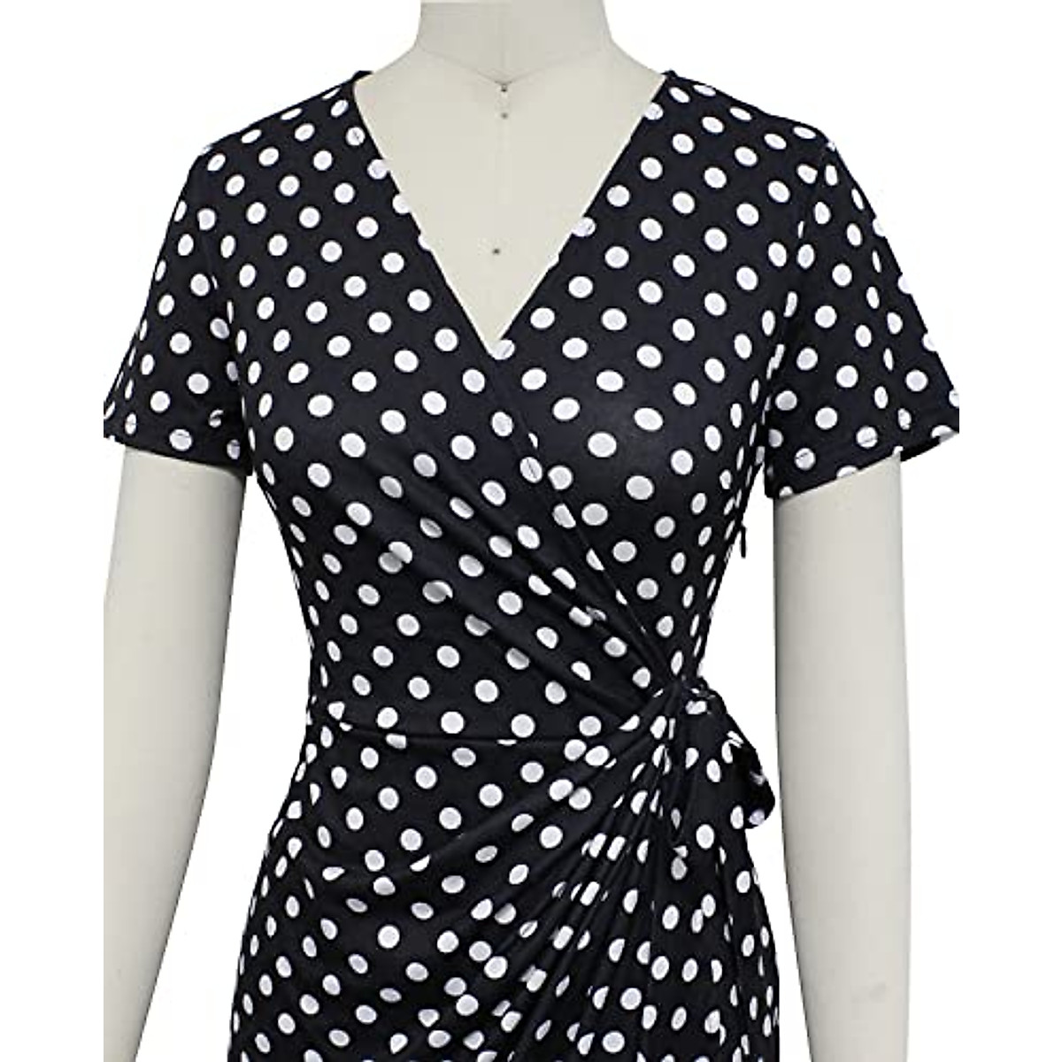 Lyrur Women's Vintage Polka Dot Black Wrap Dresses Knee Length Short Sleeves Sheath V Neck Casual Party Work Dress(L,9069-Black Dot)