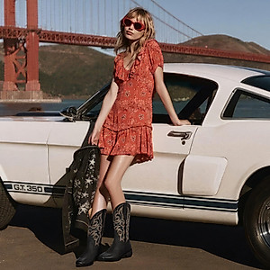 SheSole Women's Fashion Western Cowgirl Cowboy Boots Wide Square Toe Mid Calf Black US Size 8