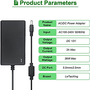 12V 3A PowerAdapter Adapter,AC Power Supply 36W Max Convert Transformer Plug /100-240V 5.5mmX2.1with Female Barrel Connector to Screw Adapter for CCTV Camera System&LED Strip (36, Watts)
