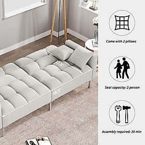 Majnesvon Linen Convertible Futon Sofa Bed, 2-in-1 Sleeper with 2 Pillows, 3 Adjustable Angles for Backrest, Living Room Couch 5 Sturdy Metal Legs, Upholstered Loveseat Home, (White)