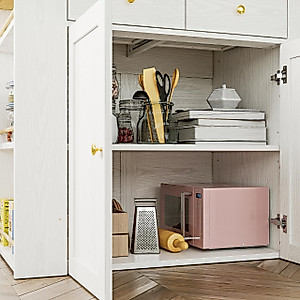 IRONCK Kitchen Island with Storage, with 2 Stools, Ample Storage Space with Power Strip, Large Countertop with Drop-Leaf Design, 2-Door Cabinet and 5 Open Side Racks/2 Utility Drawers, White