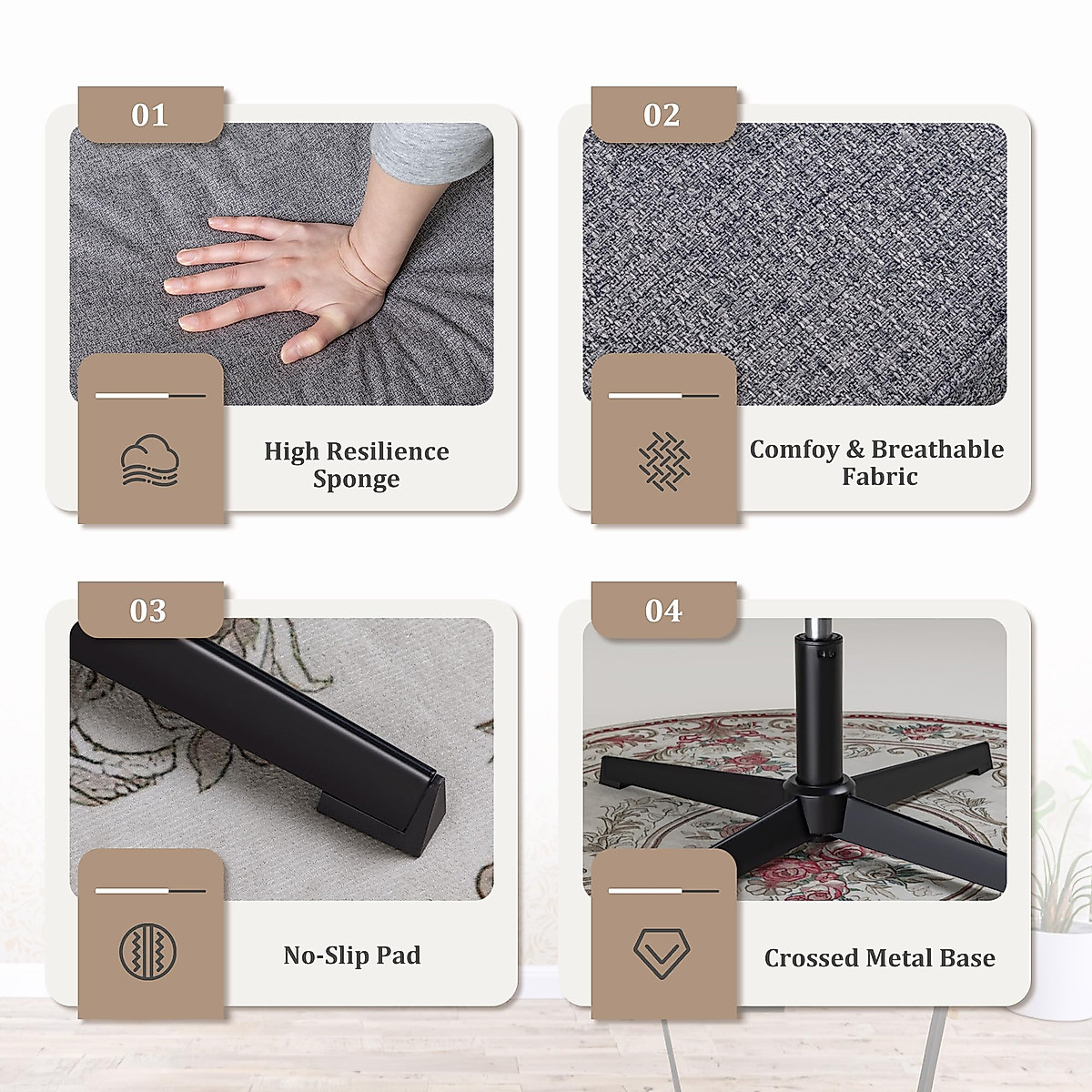 Flamaker Desk Chair Comfy with Footrest & Headrest, Criss Cross Legged Office Chairs No Wheels, Fabric Modern Armless Swivel Adjustable Vanity Chair