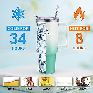 40 oz Tumbler with Handle and Straw Lid, 100% Leak-proof Travel Coffee Mug, Stainless Steel Insulated Cup for Hot Cold Beverages, Keeps Cold for 34Hrs or Hot for 10Hrs, Dishwasher Safe (WhiteGreen)