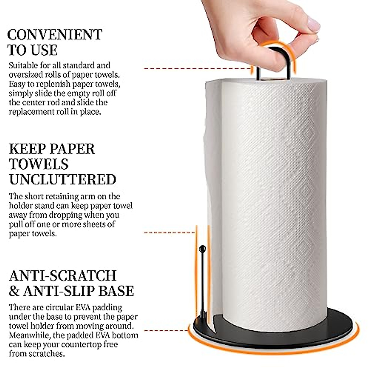 Black Paper Towel Holder Countertop,Kitchen Paper Towel Stand Holder for Standard and Large Size Rolls