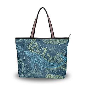 Women Tote Bag Zippered Whale Handbag Whale Tote Purse with Pockets