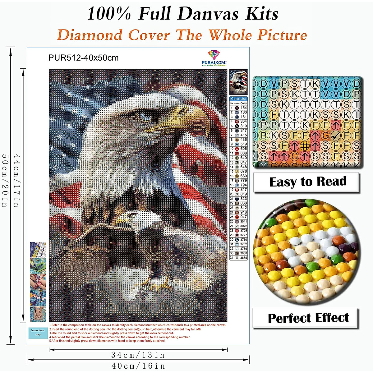 Puraikcmi 4th of July Diamond Paintings Kits for Adults Kids Eagle American Flag 16x20 Inch Patriotic Diamond Art Round Diamonds Dots Gem Wall Decor