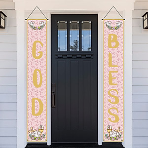 Pink First Communion Decorations God Bless Porch Banner Baptism Front Porch Sign 1st Communion Confirmation Decoration and Supplies for Girls-12×71''