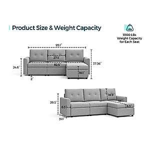LINSY HOME Rubik III 3 Seats Sofa Set, Deep Seat Modular Sectional Sofa, Modern Sofa Couch with Storage Seats & Removable Cover, 3 Seater with 1 Ottoman Convertible Sofa, Light Grey, L Shaped