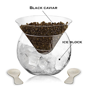 Caviar Serving Set Chiller Server Plus 6 x Hand Craft White Mother of Pearl Caviar Spoon 3" Cocktail Caviar Wine Chiller Martini Glasses