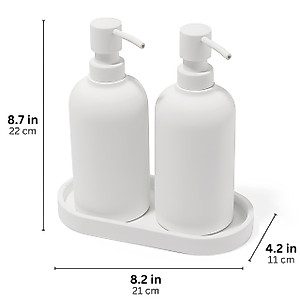 Yew Design - Matte White Soap Dispenser Set with Tray, 2 Pack 15oz Round Rustproof Liquid Hand Dish Soap Dispensers with Tray for Kitchen Sink, Countertop, and Bathroom