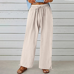 ZDJNSZTM Wide Leg Pants for Women 2023 Summer Linen Cotton High Waisted Drawstring Loose Long Baggy Palazzo Pant Trousers with Pockets Beige