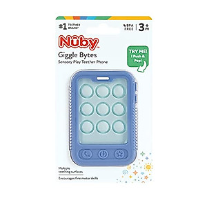 Nuby Baby Teething Toy, 3+ Months, Giggle Bytes Sensory Popper Cellphone, Blue