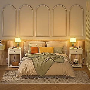 Ecoprsio Nightstand Set of 2 with Charging Station, White End Table Side Table with USB Ports, Wood Night Stand, White Bedside Table with Drawer and Shelf for Bedroom, Living Room, Sofa Couch, White