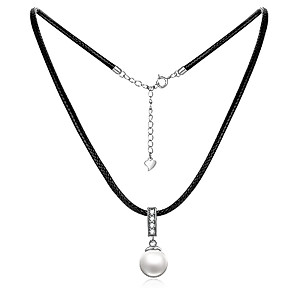 Sterling Silver Pearl Choker Necklace Faux Leather Cord Chain Pearl Jewelry Gift for Women,14+2", (Pearl Choker)