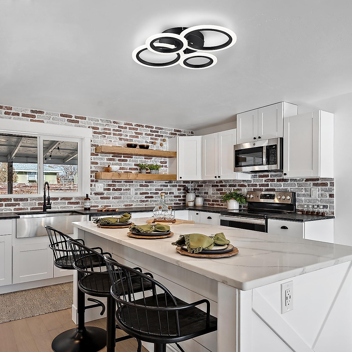 TEMINBU Modern LED Ceiling Light, Black 4 Rings Flush Mount Ceiling Light, 4000K Lighting Fixture Ceiling Lamp for Kitchen, Bedroom, Living Room, Laundry Room