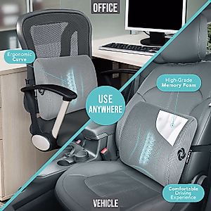 Samsonite SA5244 Ergonomic Lumbar Support Pillow Helps Relieve Lower Back Pain 100% Pure Memory Foam Improves Posture Fits Most Seats Breathable Mesh Washable Cover Adjustable Strap