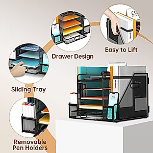 DALTACK Desk Organizer with File Holder, 5-Tier Paper Letter Tray Organizer with Magazine Holder and Drawer, Desk Organizers and Accessories for Office School Supplies, Black, Metal Mesh