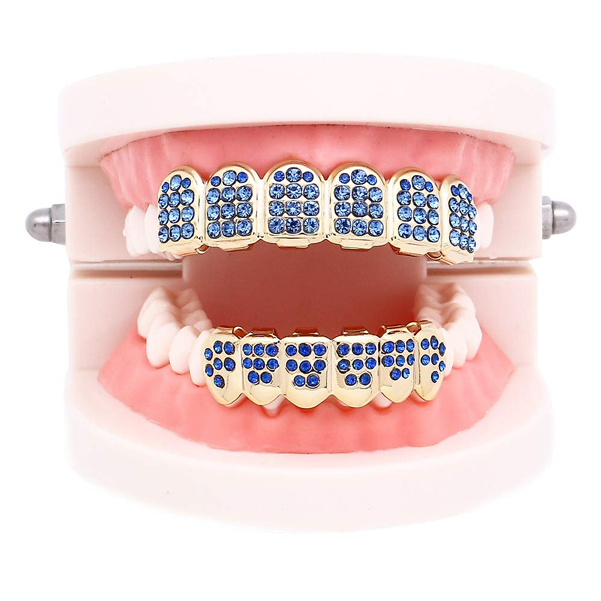 18K Gold Plated Iced Out CZ with Red Blue Pink Diamond Top and Bottom Grills for Your Teeth Men Women Hip Hop Jewelry