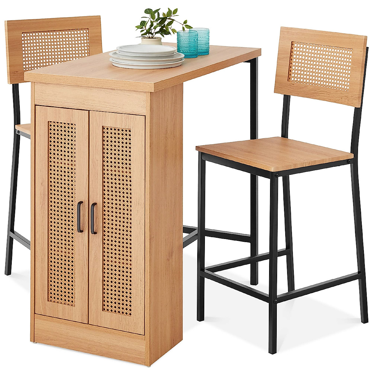 Best Choice Products 3-Piece Rattan Dining Set, Counter Height Boho Dining Table for Kitchen for 2, Dining Room w/Adjustable Storage Shelves, Cabinet Doors, Metal Frames