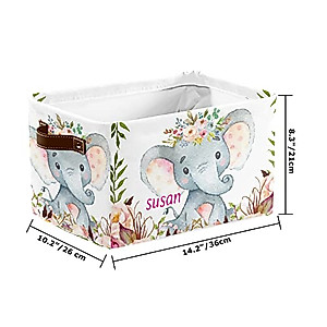 Personalized Watercolor Elephant Flower Canvas Storage Basket with Name Storage Bins Laundry Basket with Handle for Closet Shelf Nursery Bedroom (1 Pack)