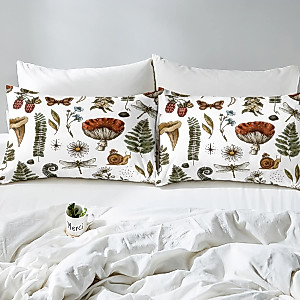 Mushroom Bed Sheets Full Size 4 Pcs Wild Dragonfly Butterfly Hippie Daisy Sheets Set for Teens Adults Botanical Leaves Outdoor Plants Rustic Style Bedding Set with Flat,Fitted Sheet,2 Pillowcases