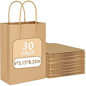 GITMIWS 30 Pack Small Brown Kraft Paper Bags, 6''x3.15''x8.25'' Small Craft Paper Bags with Handles Bulk, Grocery Retail Paper Bags for Small Business, Party Favors Take Out Sacks