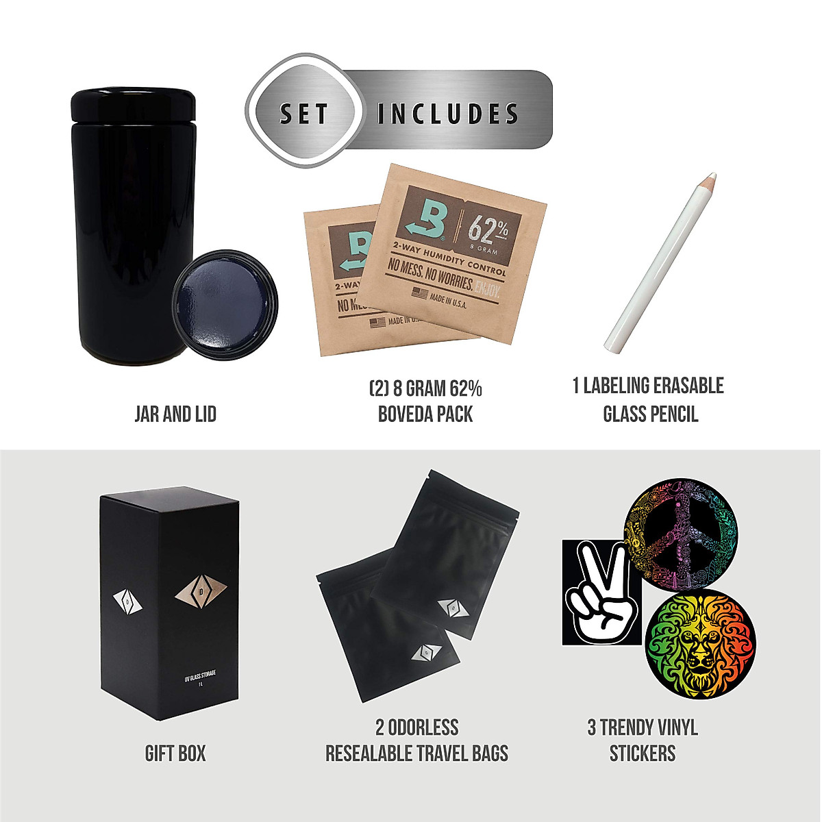 Stash Jar Smell Proof Container – (1000 ml, 2 Oz) Premium European UV Glass Jar Airtight Discreet with 2-8g Boveda Humidity Packs, 2 Smellproof Resealable Bags, Customizable Stickers & Labeling Pencil