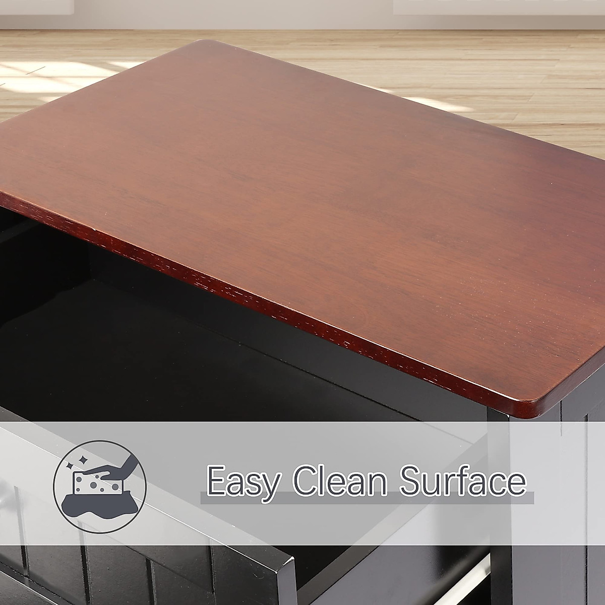 TOLEAD Tilt Out Trash Cabinet,Antique-Style Beadboard Kitchen Island with Solid Wood Tabletop & Drawer, Pet Proof Trash Can, Wood Laundry Cabinet (Single Black)