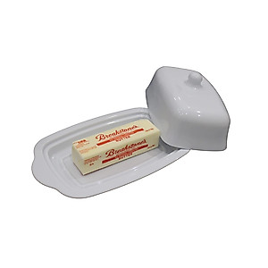 White Plastic Rectangle Butter Dish with Lid Easy Scoop, No Mess Lid Carry Handles and Knob Top BPA Free Holds Full American Bar of Butter