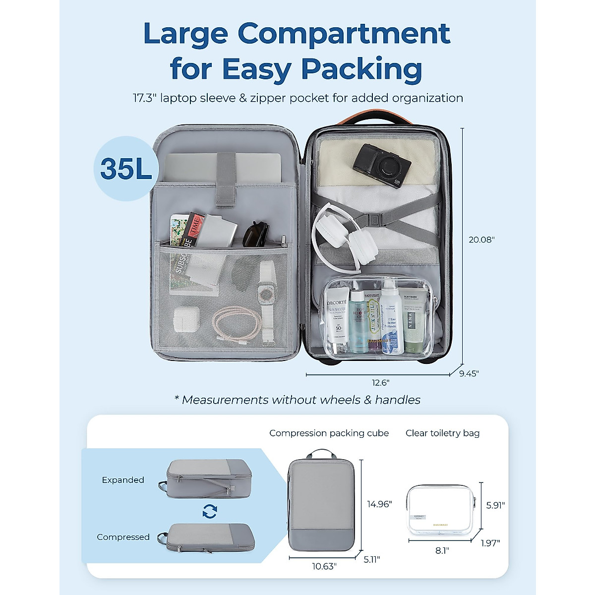 BAGSMART Rolling Travel Backpack, Water-Resistant Travel Laptop Backpacks with Wheels for Adults, 17 Inch Large Roller College Backpack Luggage Carry on with 2 Packing Cubes, Gray