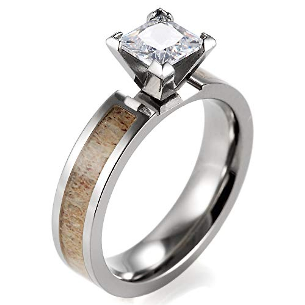 SHARDON Women's 5mm Titanium Cubic Zirconia Engagement Ring with Genuine Antler Inlaid Size 7