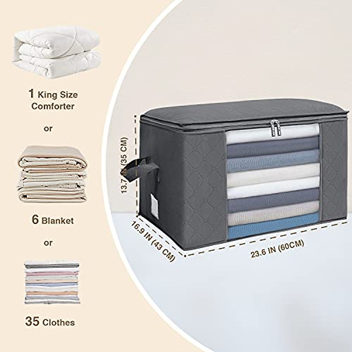 Enther 3 Odorless Clothes Large Capacity Closet Organizers and Storage Bags for Comforters Blankets Bedding, Gray (Large-3)