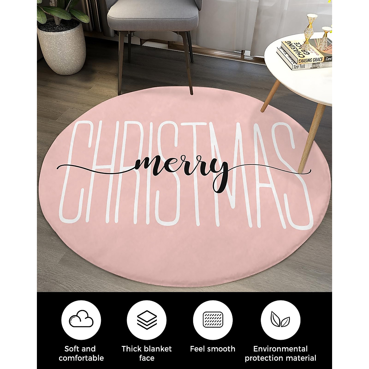 Merry Christmas Fluffy Round Area Rug Carpets 4ft, Plush Shaggy Carpet Soft Circular Rugs, Non-Slip Fuzzy Accent Floor Mat for Living Room Bedroom Nursery Home Decor Blush Pink Xmas Holiday