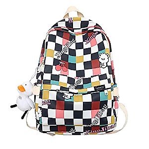 KOWVOWZ Kawaii Checkerboard Bear Backpack Girl Women Teen with Duck Pendant Cute College High School Backpack Laptop Bookbag (Black)