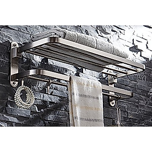 ELLO&ALLO Stainless Steel Towel Racks for Bathroom Shelf Double Towel Bar Holder with Hooks Wall Mounted Multifunctional Foldable Brushed Nickel