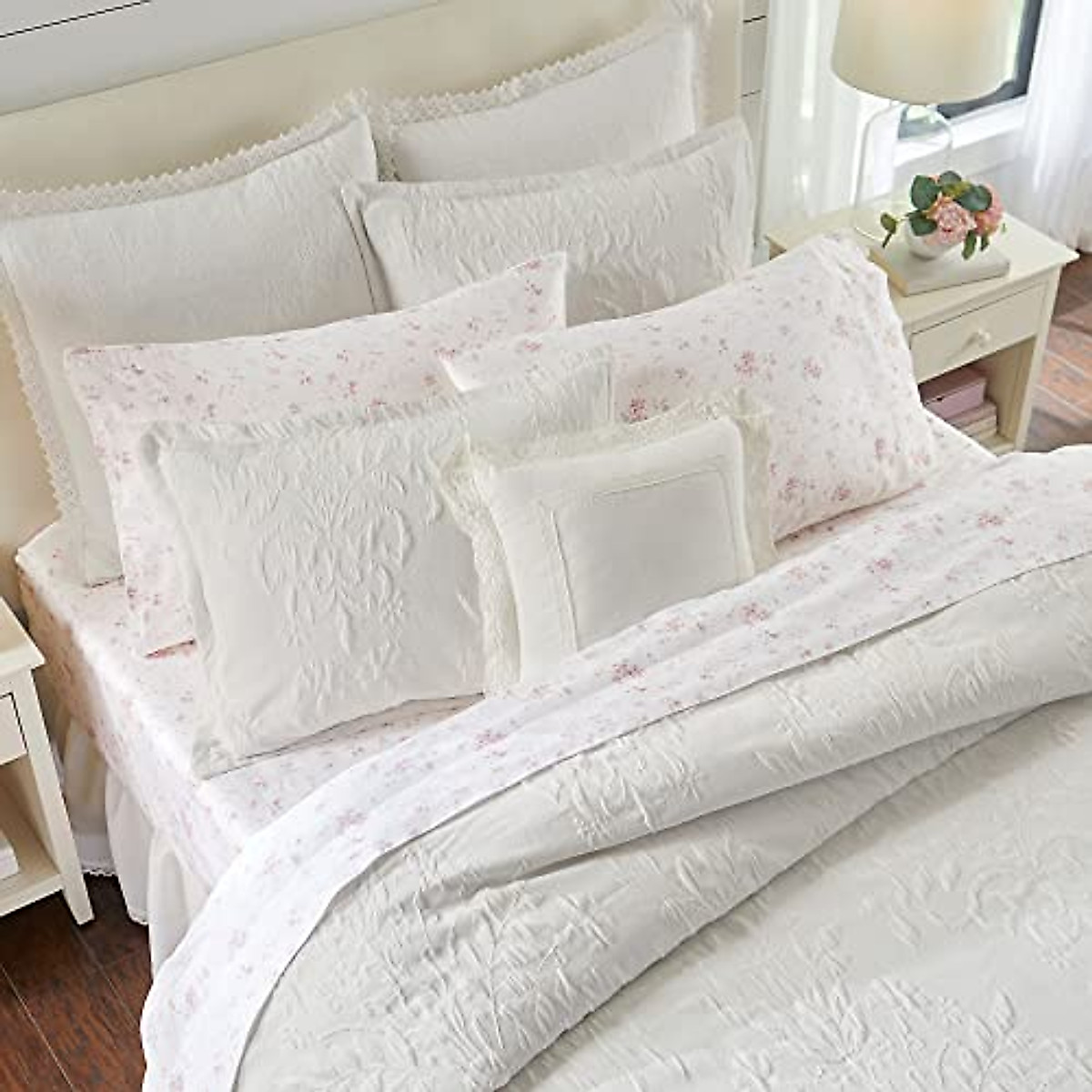 Laura Ashley Home- Queen Duvet Cover Set, Cotton Reversible Bedding with Matching Sham(s), Farmhouse Home Décor (Rowland Matelasse White, Queen)
