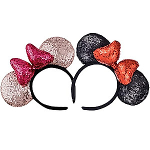 Jieneal Minnie Mouse Ears Set of 2 Sequin Headband Disney world accessories for trip and Hair accessories for Kids or Women(Champagne Rose& Black Red)