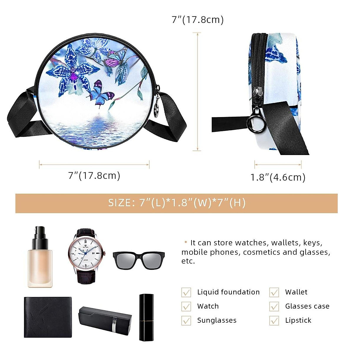 Crossbody Bags for Women, Floral Tropical Orchids Butterfly Round Crossbody Wallet, Fashion Circle Purse Clutch Handbag