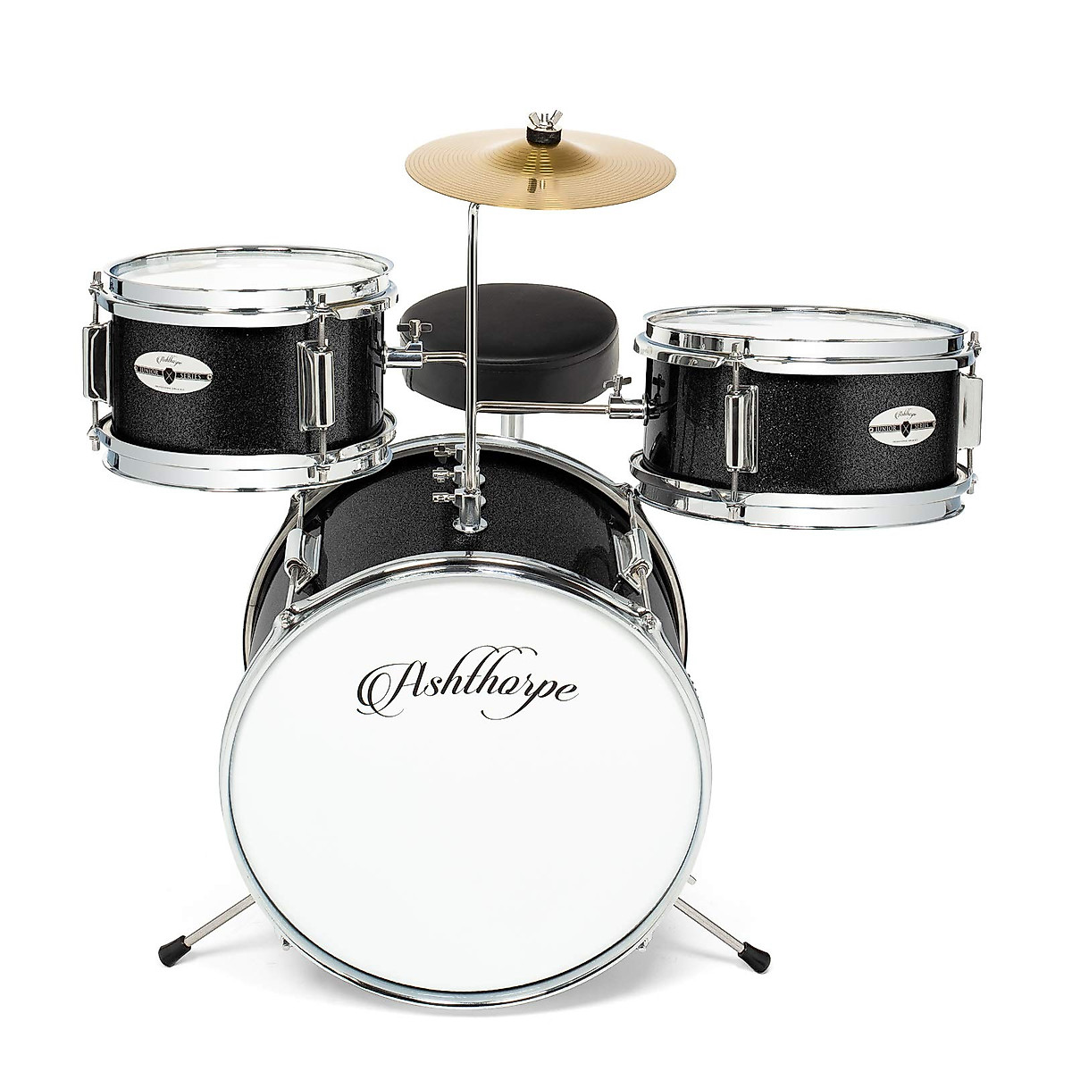 Ashthorpe 3-Piece Complete Drum Set - Beginner Kit with 14" Bass, Adjustable Throne, Cymbal, Pedal & Drumsticks - Black
