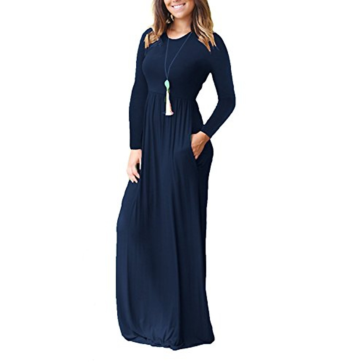 GRECERELLE Women Casual Long Sleeve Maxi Dresses Loose Empire Waist Flowy Fall Long Dresses with Pockets Navy Blue, Large