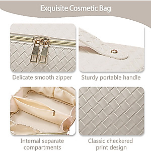 BAKLUCK Travel Large Capacity Cosmetic Bag with Compartment Waterproof PU Leather Makeup Bag for Women and Girl Travel Bathroom Portable Checkered Beige