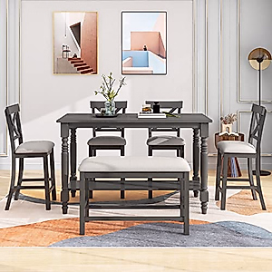 WOZNLA 6-Piece Counter Height Dining Set - Rectangular Wood Table with Shelf, 4 Upholstered Chairs, 1 Bench - Ideal for Kitchen and Family Dining