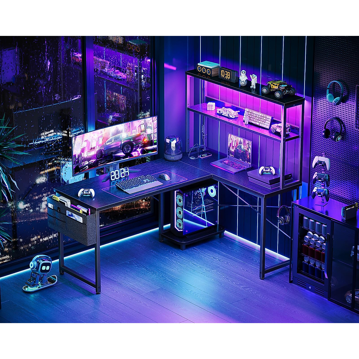 AODK L Shaped Desk Gaming Desk with LED Light & Power Outlet, 53 Inch Reversible L Shaped Computer Desk with Shelf, Corner Desk with Storage Bag&Hook for Home Office Desk, Black