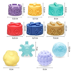 AUYYOSK 10 Pcs Baby Soft Stacking Building Blocks & Sensory Ball Infant Toys, Montessori Toys for Toddler Educational Squeeze Balls for Boys & Girls Babies Ages 6 9 12 Months 1 2 Years Old
