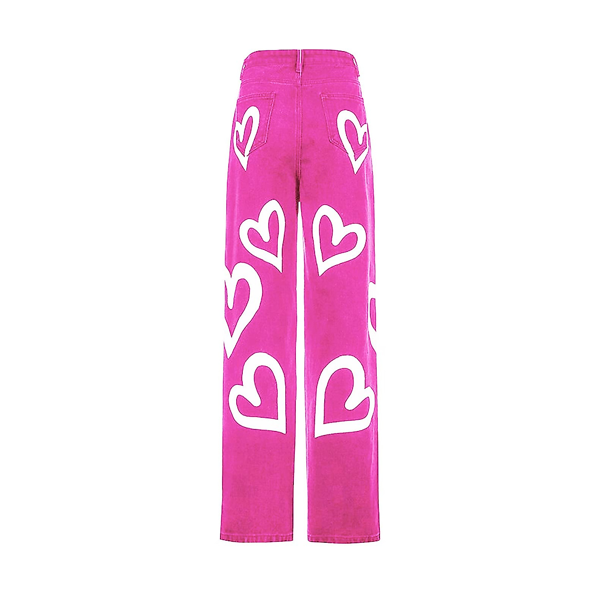 Women's High Waist Heart Print Wide Leg Loost Fit Vintage Boyfriend Jeans Teen Girls Streetwear Denim Pants Pink