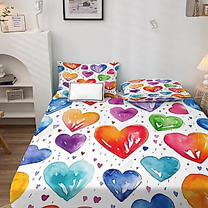 zcsm Full Size Sheet Sets - Heart Bed Sheets, Colorful Bedding Sheets & Pillowcases, Soft Microfiber & Deep Pocket & Wrinkle Free Patterned Sheet Set, 1 Fitted Sheet, 1 Flat Sheet, 2 Pillow Cases