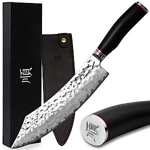 YOUSUNLONG Butcher Knife Pro 10" Cimitar Hybrid Cleaver Japanese Hammered Damascus Steel Razor Sharp - Natural Leadwood Handle
