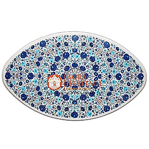 White Marble Dining Table Top Pietra Dura Turquoise Lapis Lazuli Inlay Floral Arts Occasional Decor