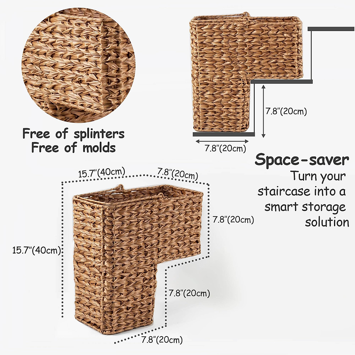 PEMAR Wicker Stair Step Basket, Hand Woven Multi Storey House Staircase Basket Bin, Felt Storage Basket for Stairsteps, Shoe Organising, Laundry Gathering, Toy Storage Organiser