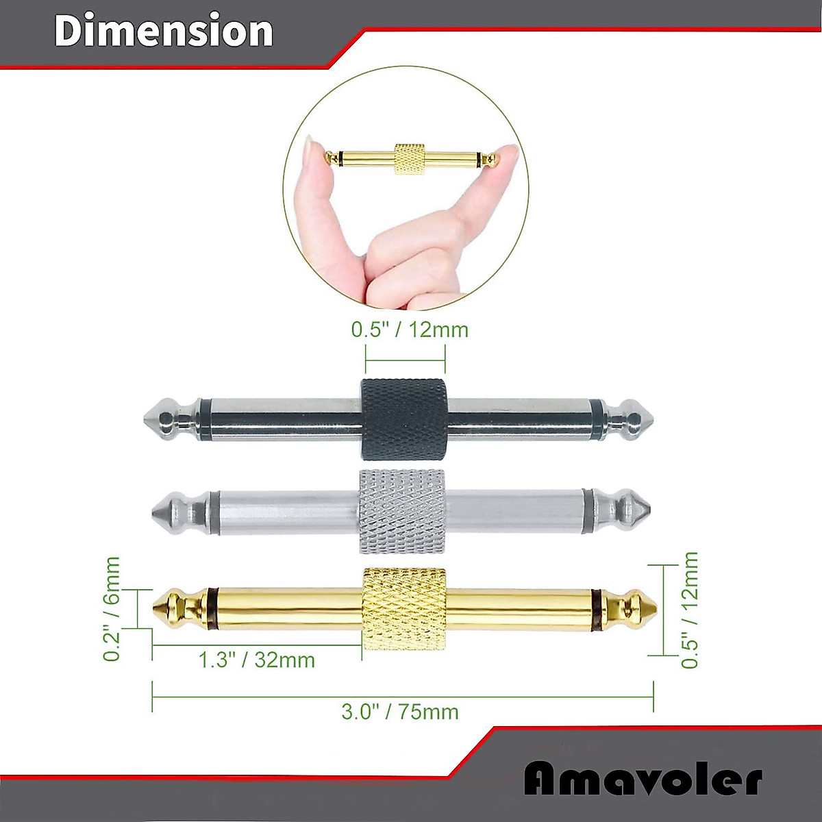 Amavoler Professional Guitar Pedal Coupler, 1/4 inch TS Guitar Effects Pedal to Pedal Connector Straight Type (4 Pack) (Gold)